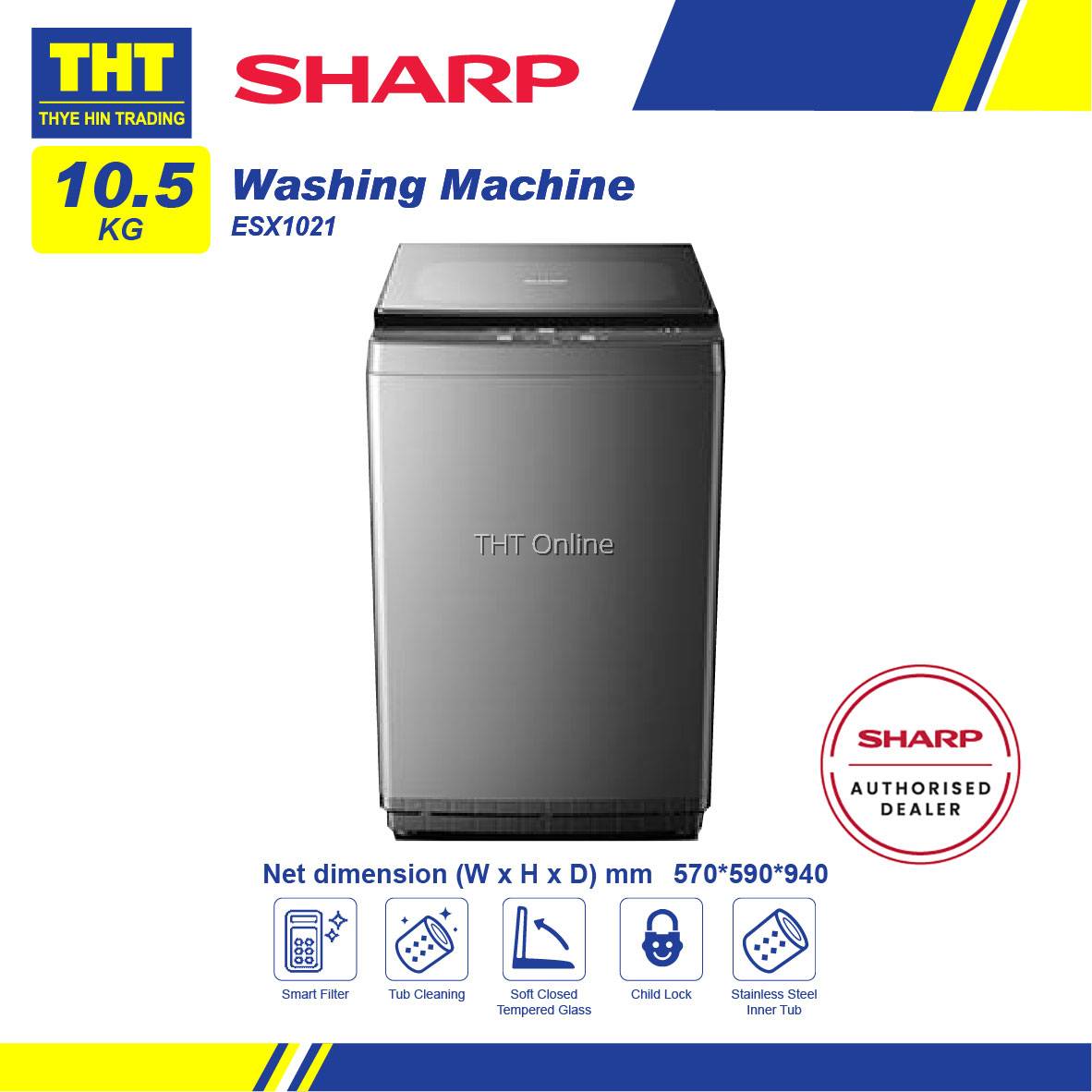 [10.5KG] Sharp Fully Auto Washer With Soft-Close Tempered Glass Lid ESX1021